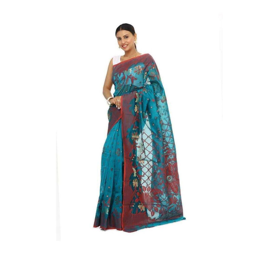 Resom Silk Jamdani Sharee for Women - Sky Blue and Maroon - SR-07