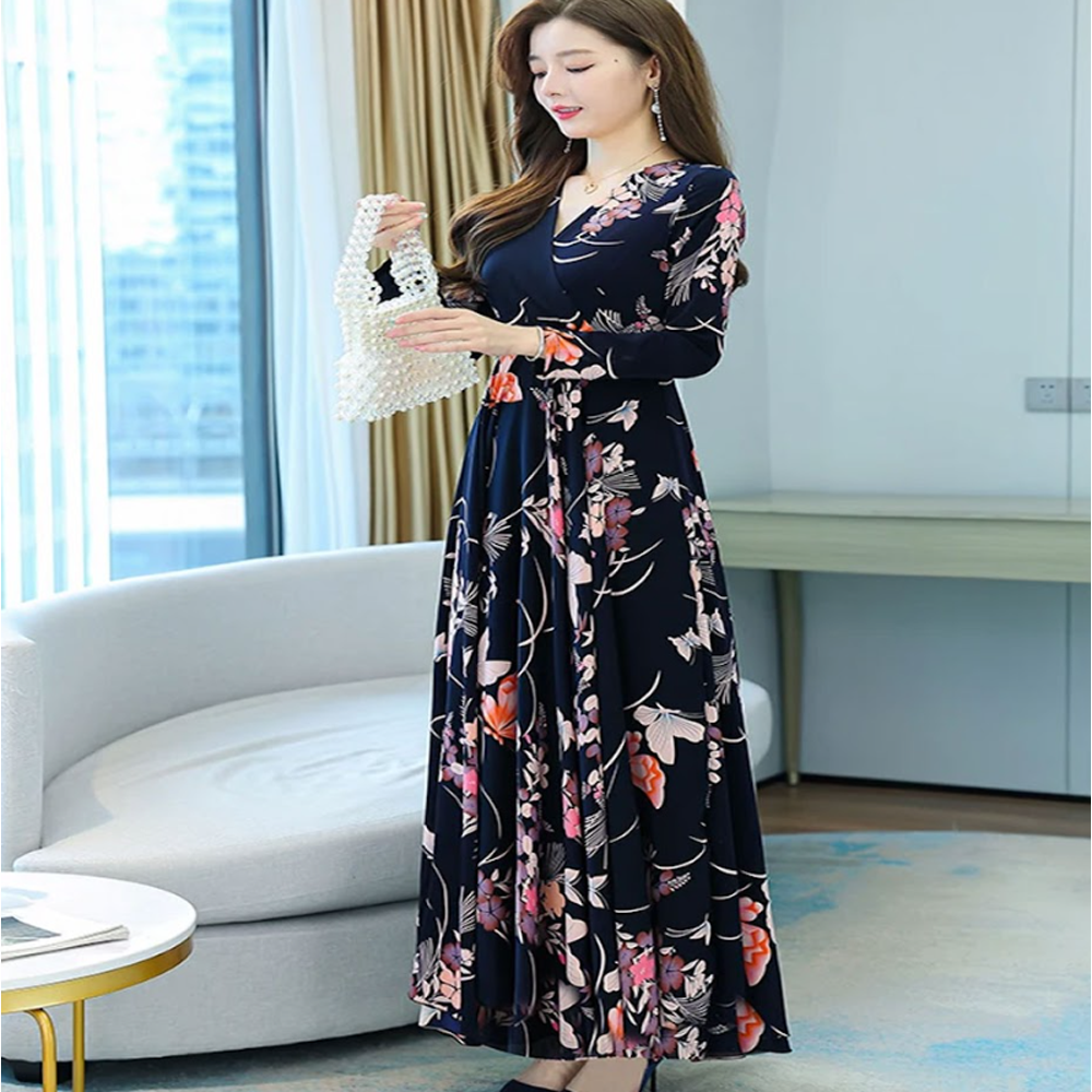 Linen Digital Print Long Sleeve Gown For Women - Black - 1605