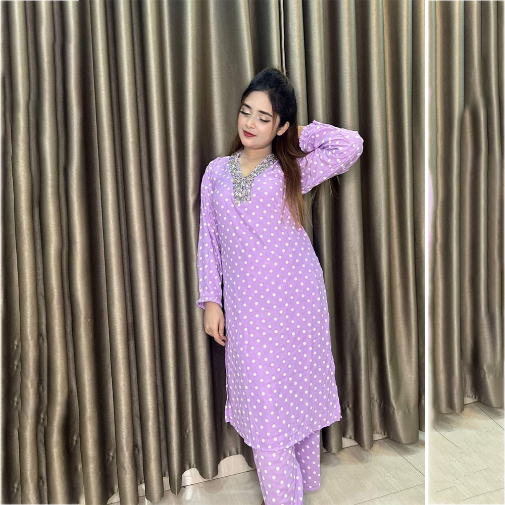 Silk Printed with Stone Work Co-Ord Set for Women - Light Purple - C3-05