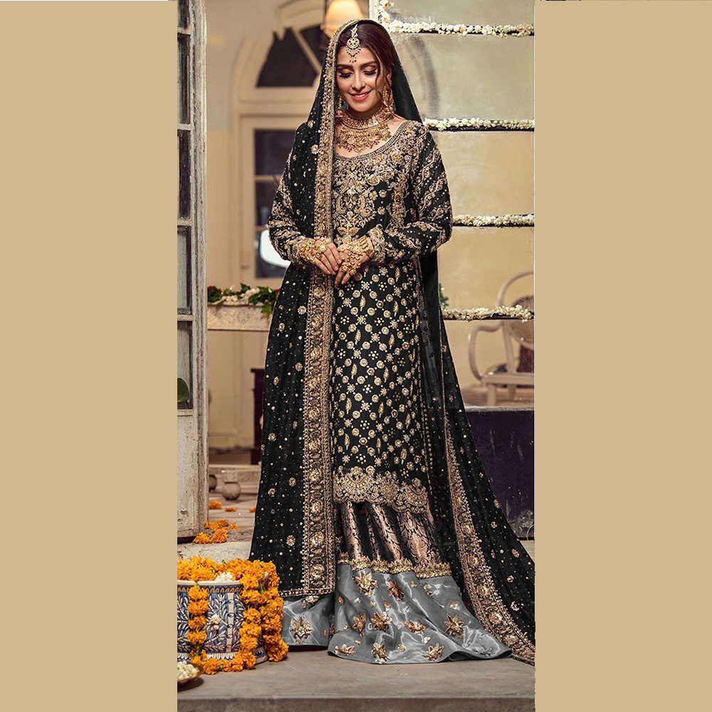 Unstitched Embroidered Net Party Wear Suit 4Pcs For Women - Black - DN 2020