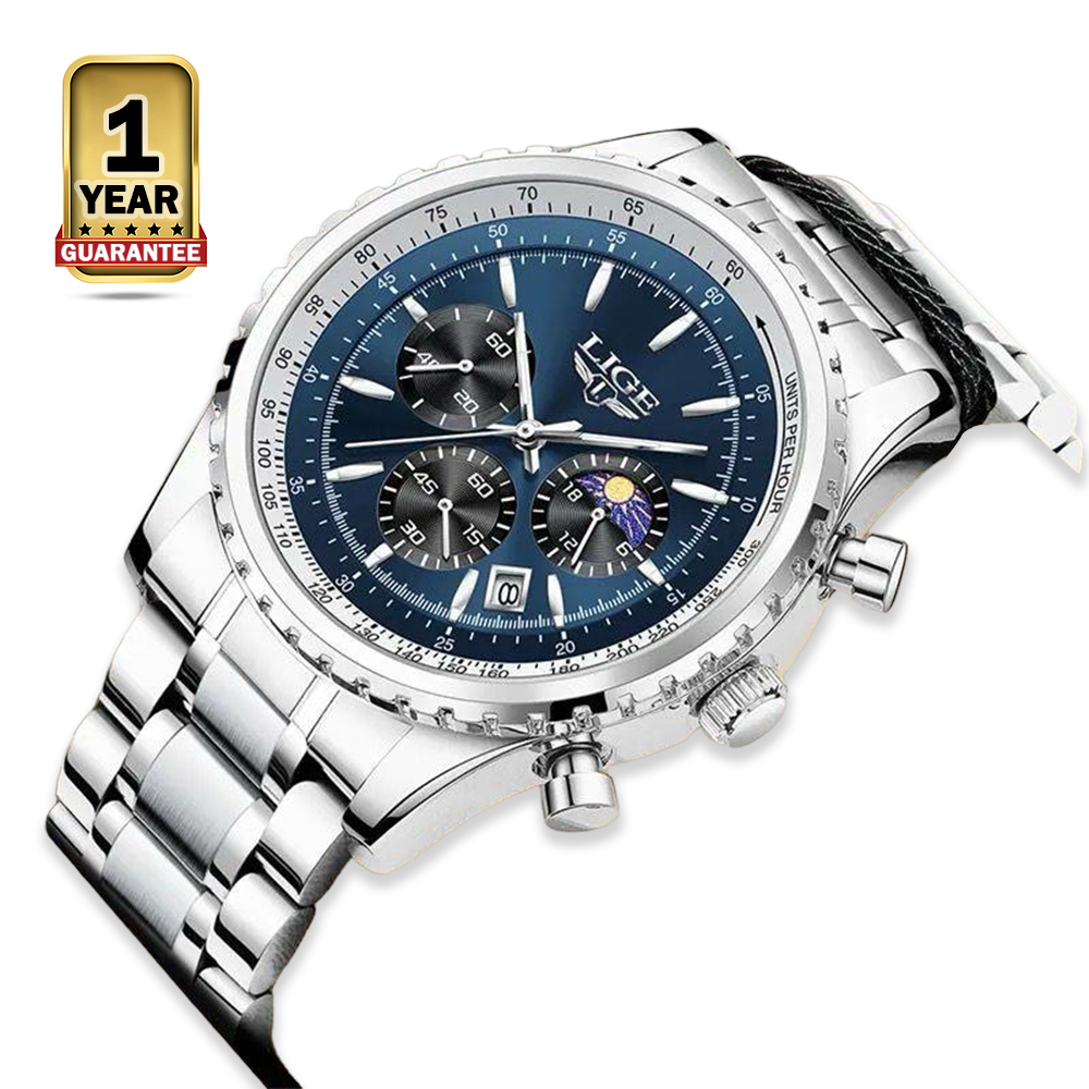 LIGE Stainless Steel Quartz Wrist Watch for Men - Black and Silver - W-8