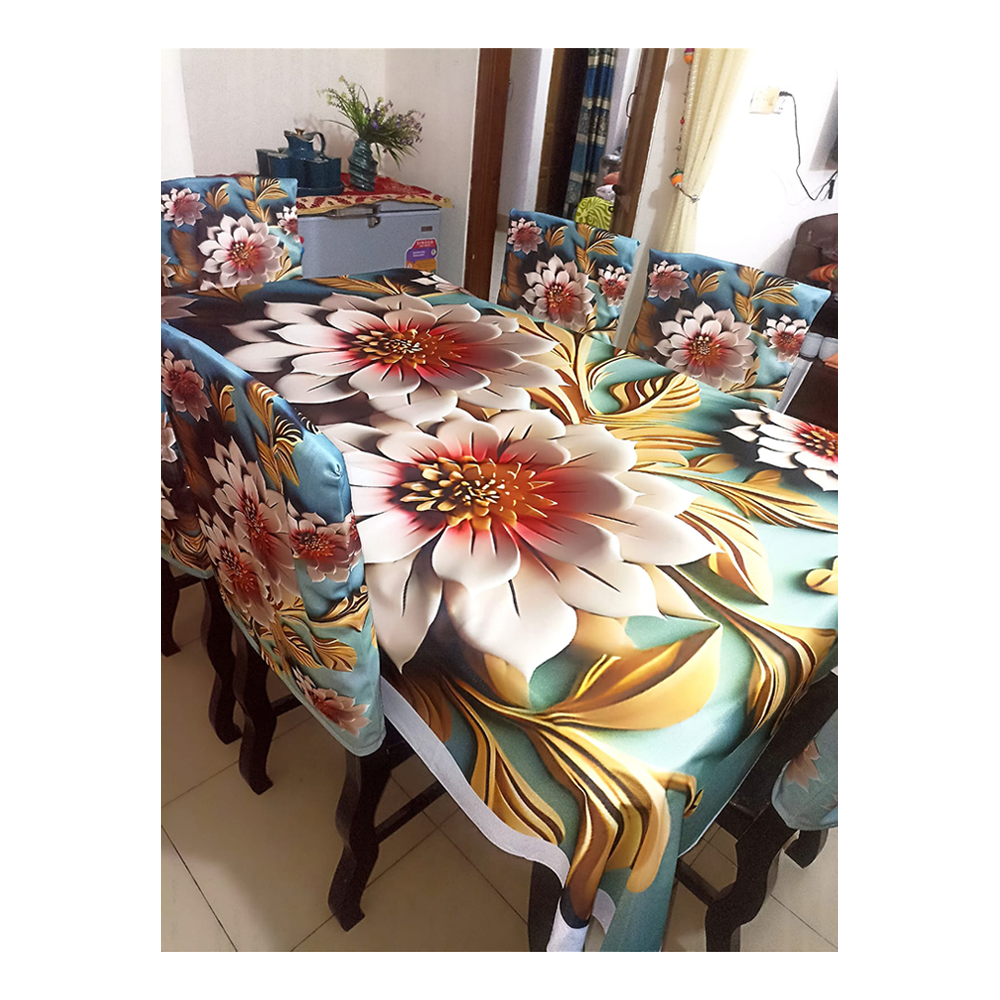 Soft Velvet 3D Print Premium 7 in 1 Dining Table Matt And Chair Cover ...
