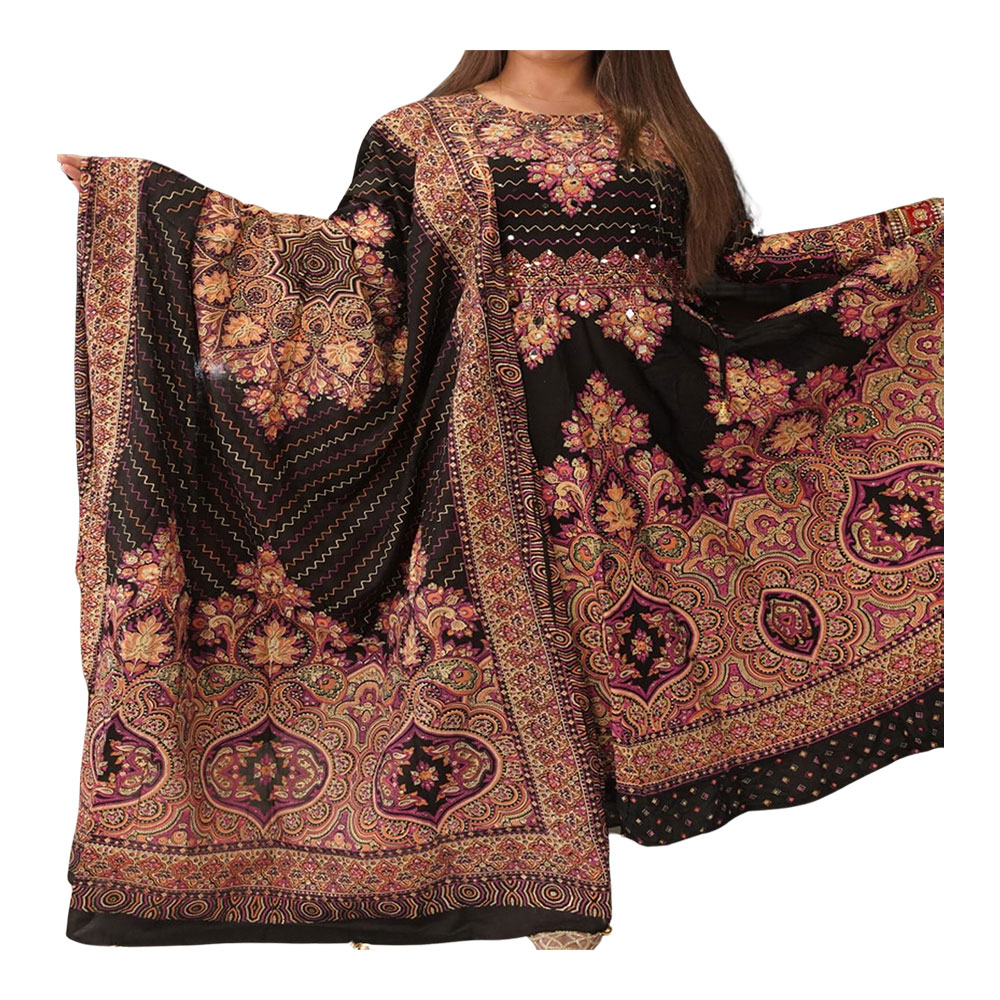 Stitched Linen Long Gown and Orna For Women - Black - 2002