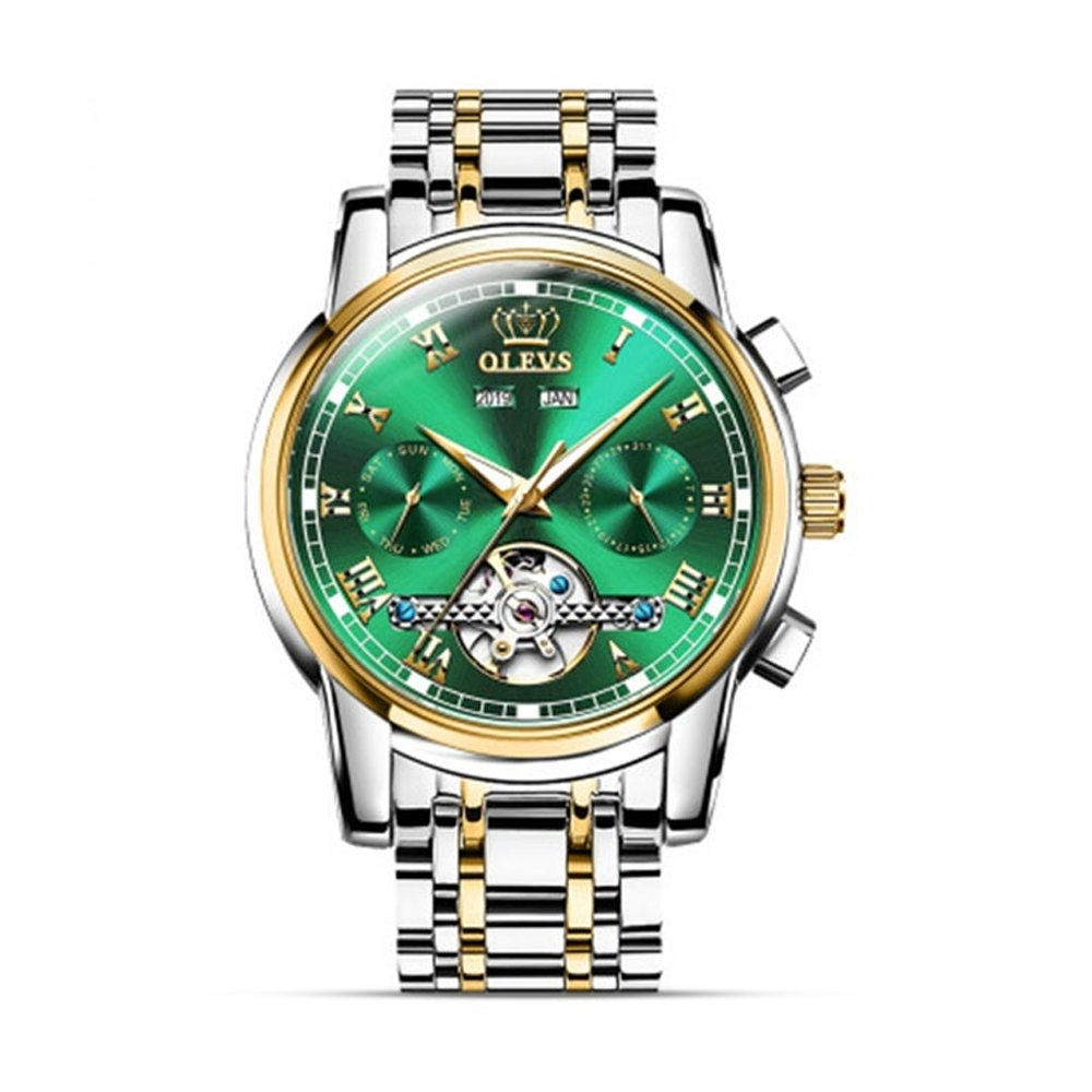 Olevs 6607 Stainless Steel Wrist Watch For Men Silver And Green