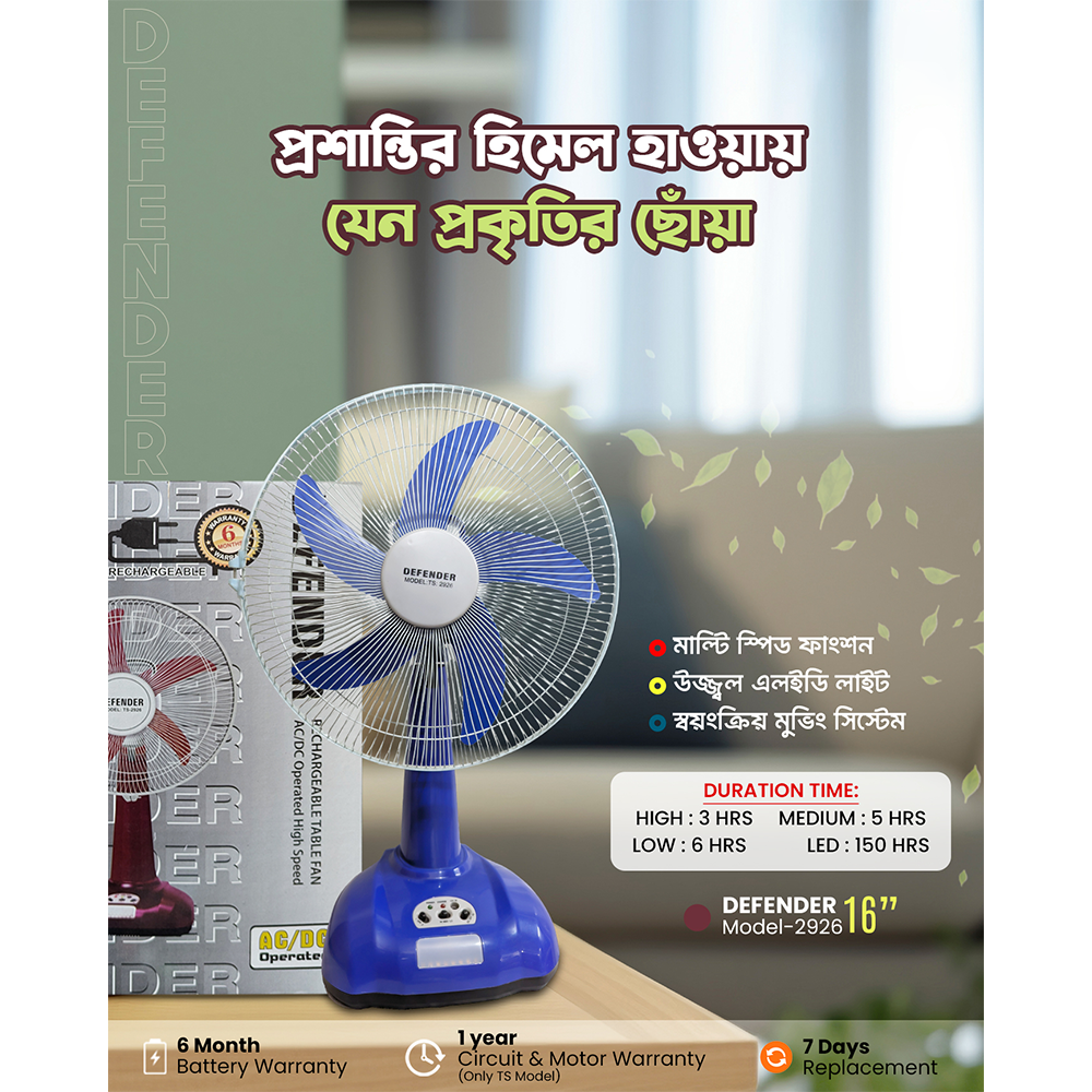 Defender TS-2926 Rechargeable Fan AC-DC with LED Multi-Function - 16 ...
