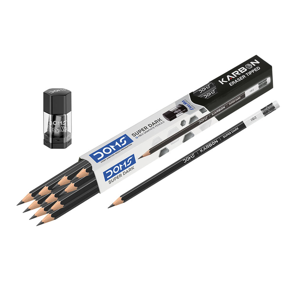 DOMS KARBON Super Dark Pencil With Eraser And Sharpener - 10 Pcs DOMS KARBON Super Dark Pencil With Eraser And Sharpener - 10 Pcs