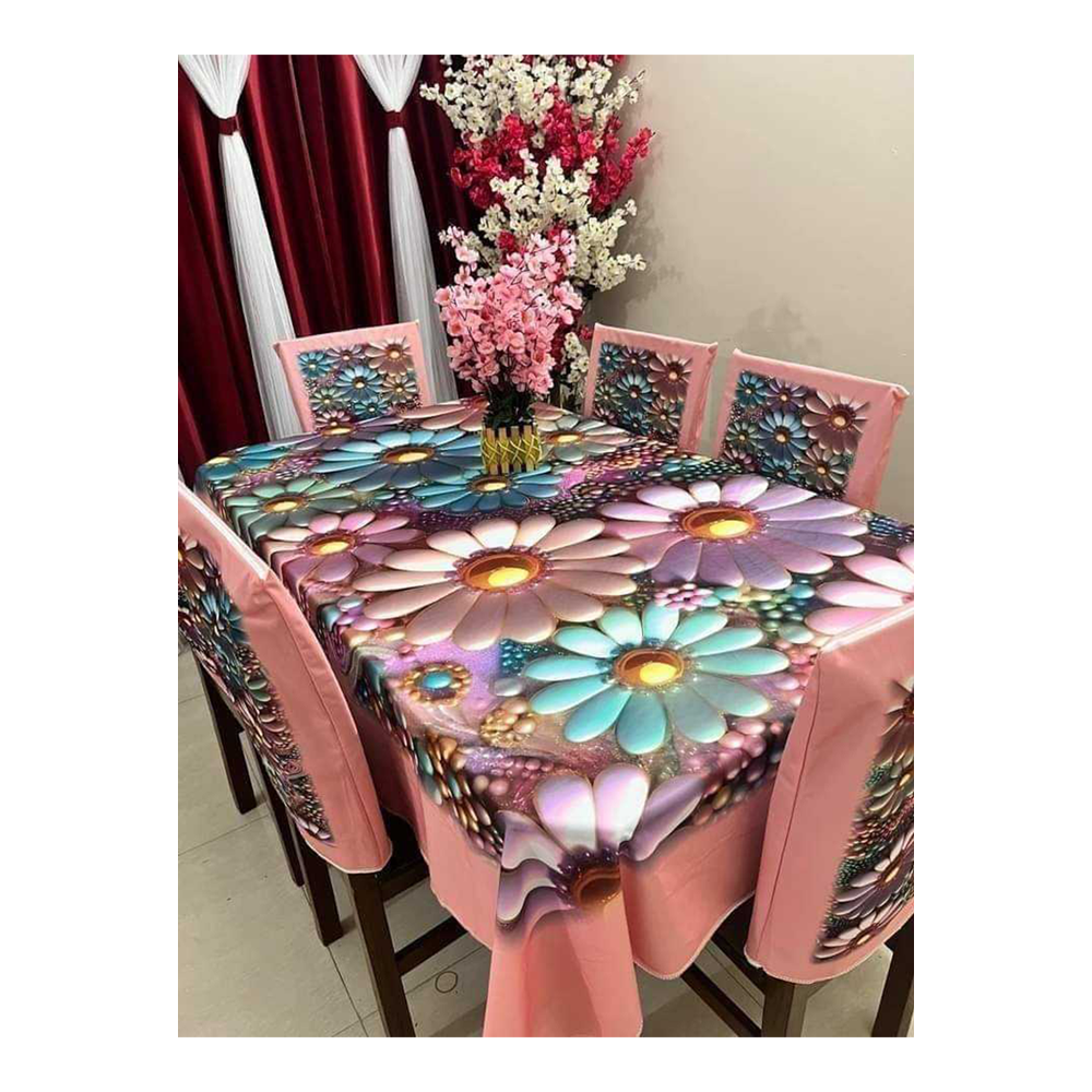 Soft Velvet 3D Print Premium 7 in 1 Dining Table Matt And Chair Cover ...