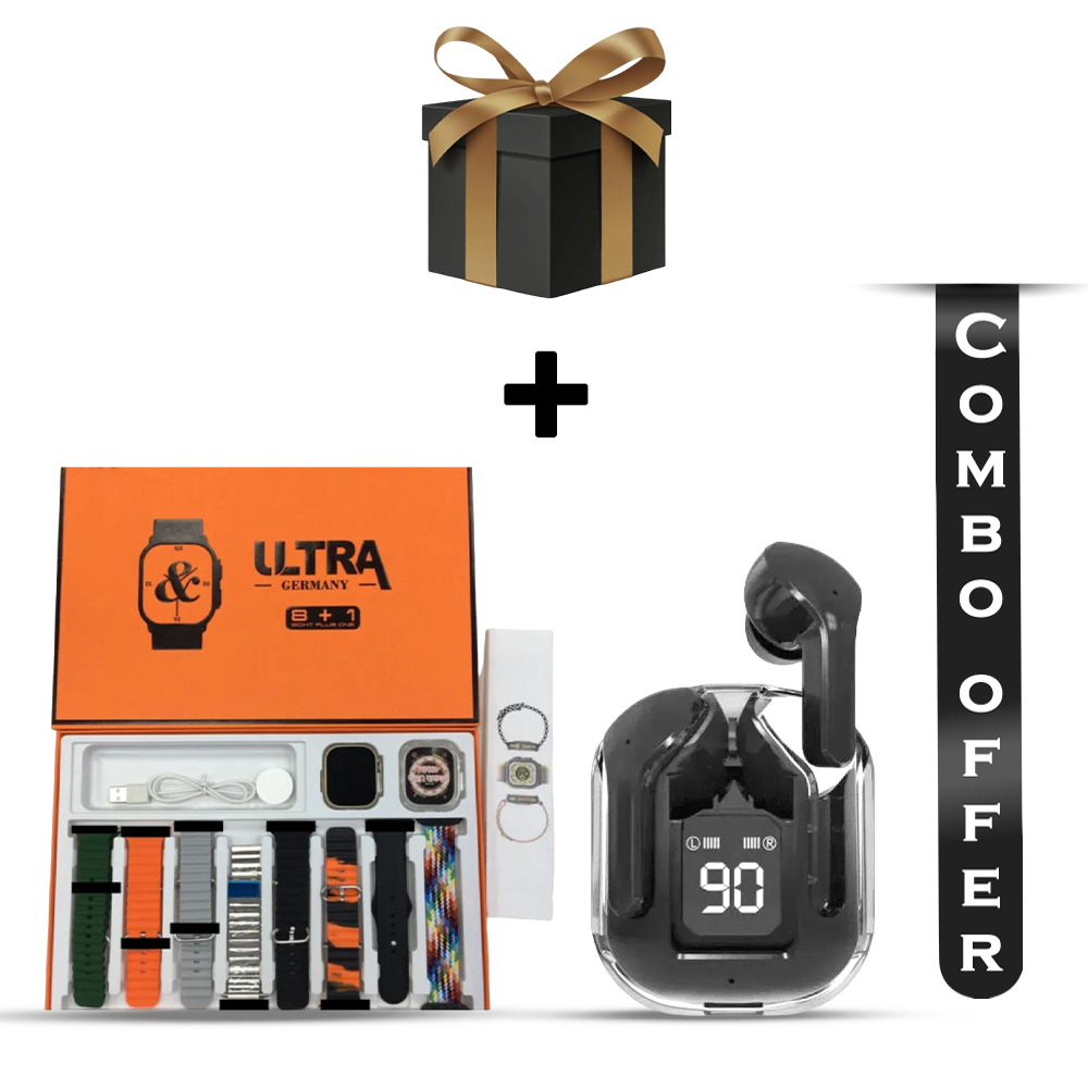 Combo of Y80 Ultra Smartwatch with 8 Strap and Ultrapods Max Transparent Wireless Earbuds ...